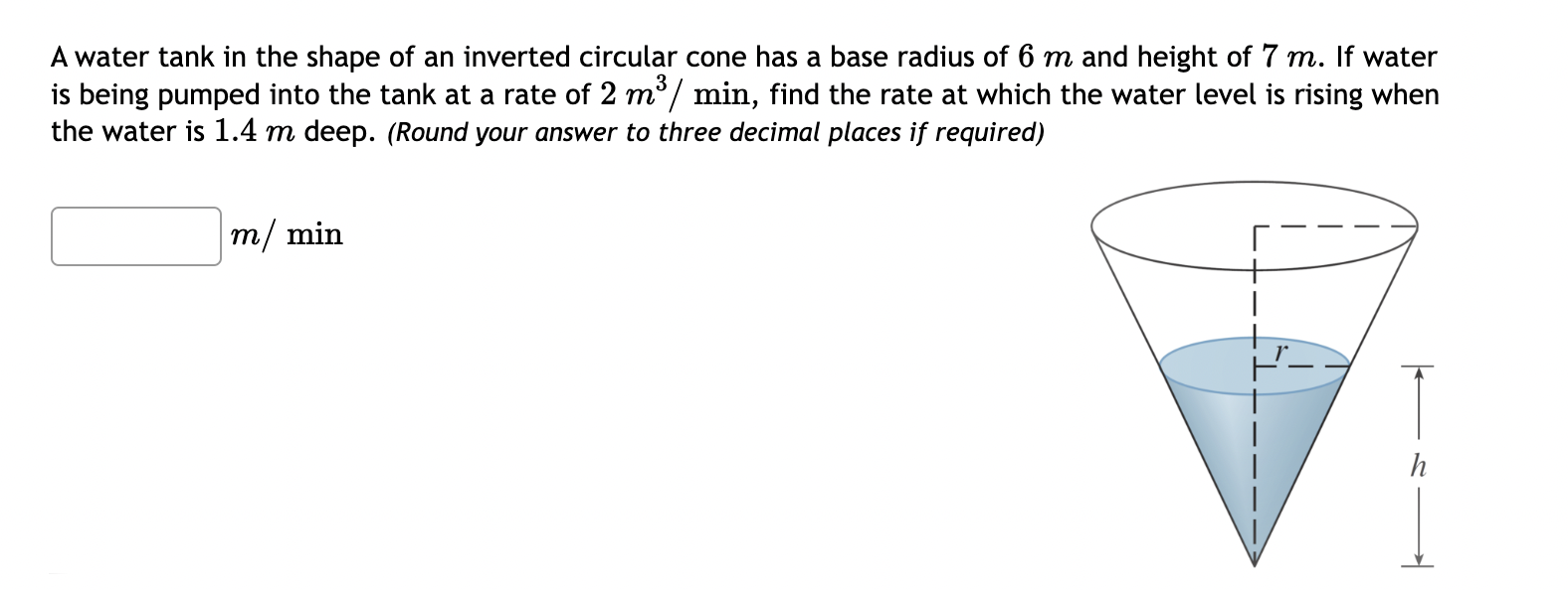 Solved A water tank in the shape of an inverted circular | Chegg.com