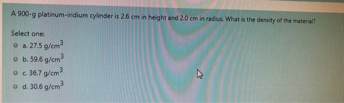 Solved A 900-9 platinum-iridium cylinder is 2.6 cm in height | Chegg.com