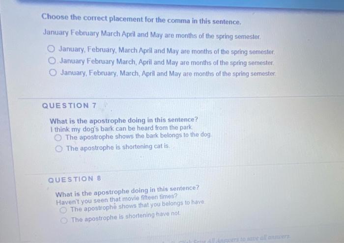 QUESTION 1 Choose the correct placement for the comma | Chegg.com