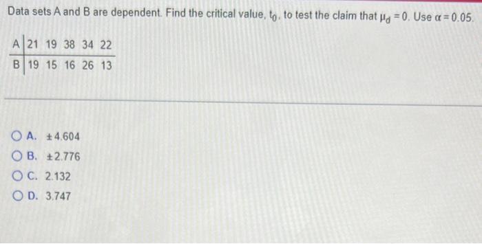 Solved Data sets A and B are dependent. Find the critical | Chegg.com