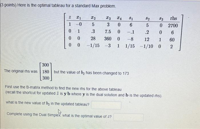 Solved 3 points) Here is the optimal tableau for a standard | Chegg.com