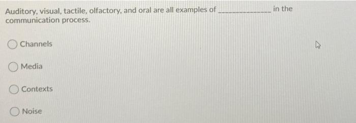 Solved in the Auditory, visual, tactile, olfactory, and oral | Chegg.com