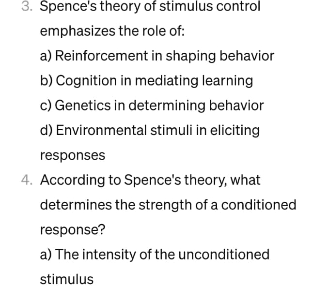 Solved Spence's theory of stimulus control emphasizes the | Chegg.com