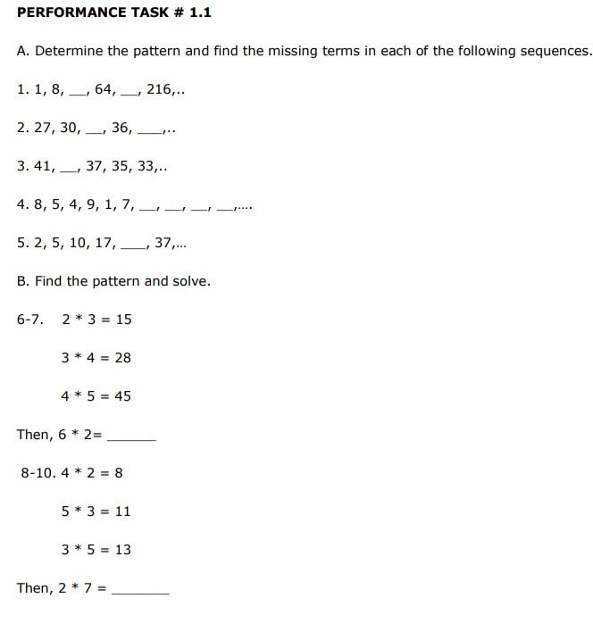 Solved PERFORMANCE TASK # 1.1 A. Determine the pattern and | Chegg.com