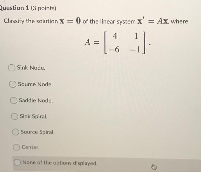 Solved Question 1 (3 points) Classify the solution X = 0 of | Chegg.com