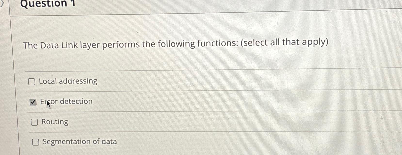 Solved Question 1The Data Link layer performs the following | Chegg.com