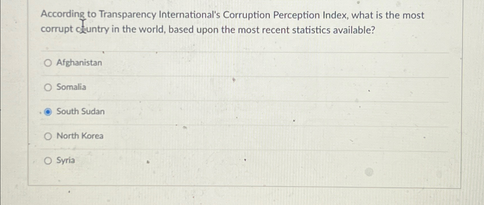 Solved According to Transparency International's Corruption | Chegg.com