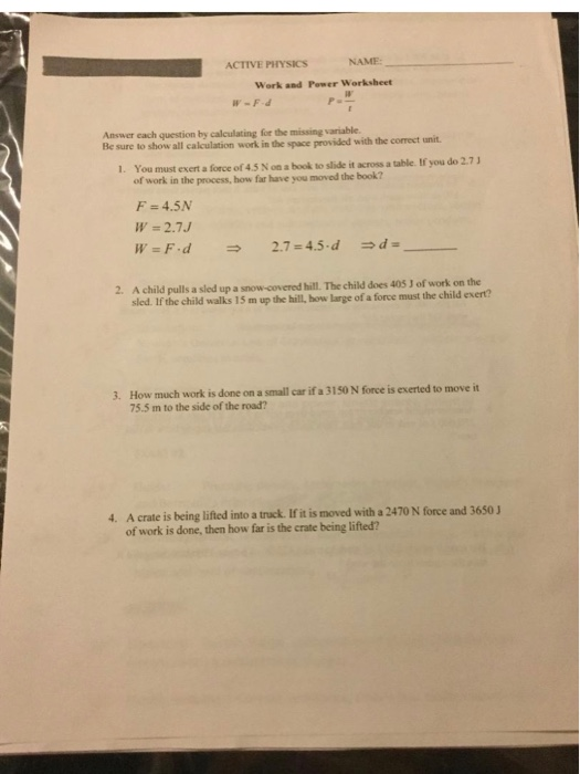 Solved ACTIVE PHYSICS NAME: Work and Power Worksheet Answer | Chegg.com