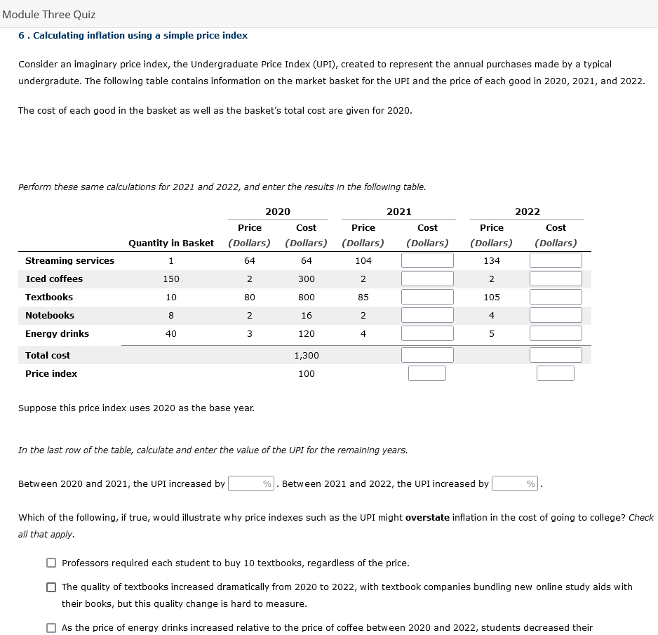 Solved Module Three Quiz6. ﻿Calculating inflation using a | Chegg.com