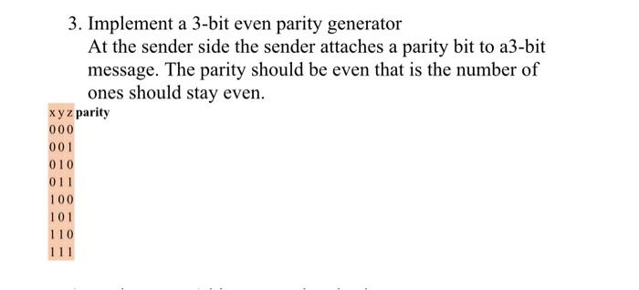 Solved 3. Implement a 3-bit even parity generator At the | Chegg.com