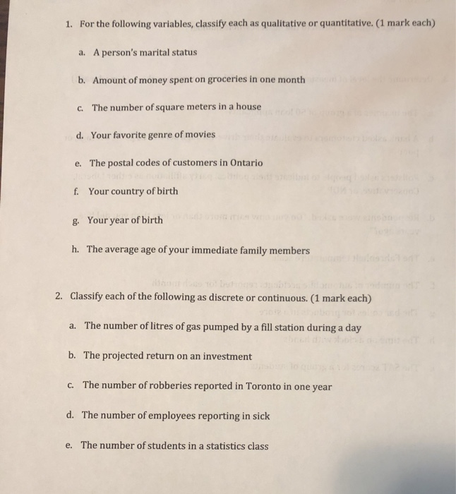 Solved 1. For the following variables, classify each as | Chegg.com