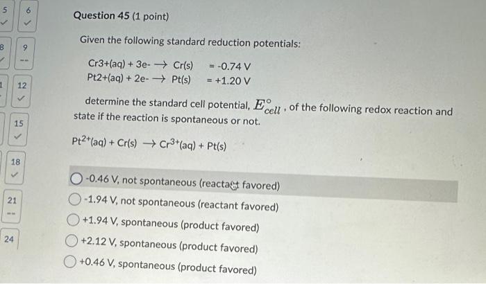 Solved Given the following standard reduction potentials: | Chegg.com