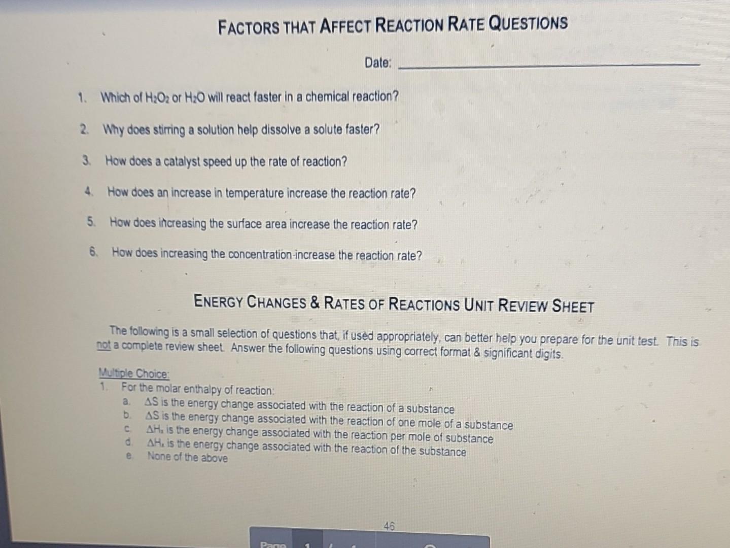 Solved FACTORS THAT AFFECT REACTION RATE QUESTIONS 1. Which | Chegg.com