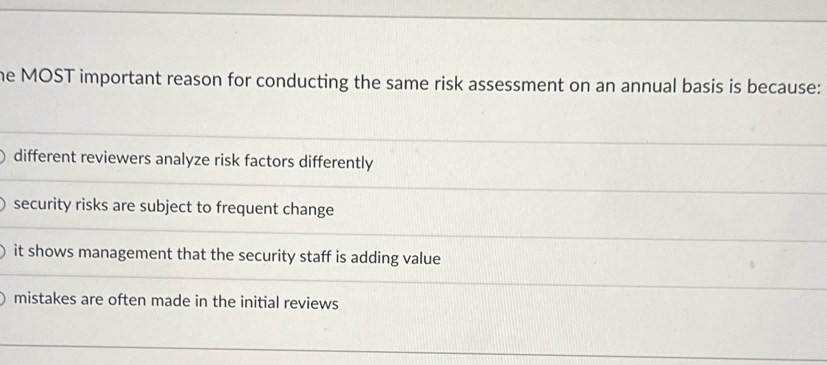 MOST important reason for conducting the same risk | Chegg.com
