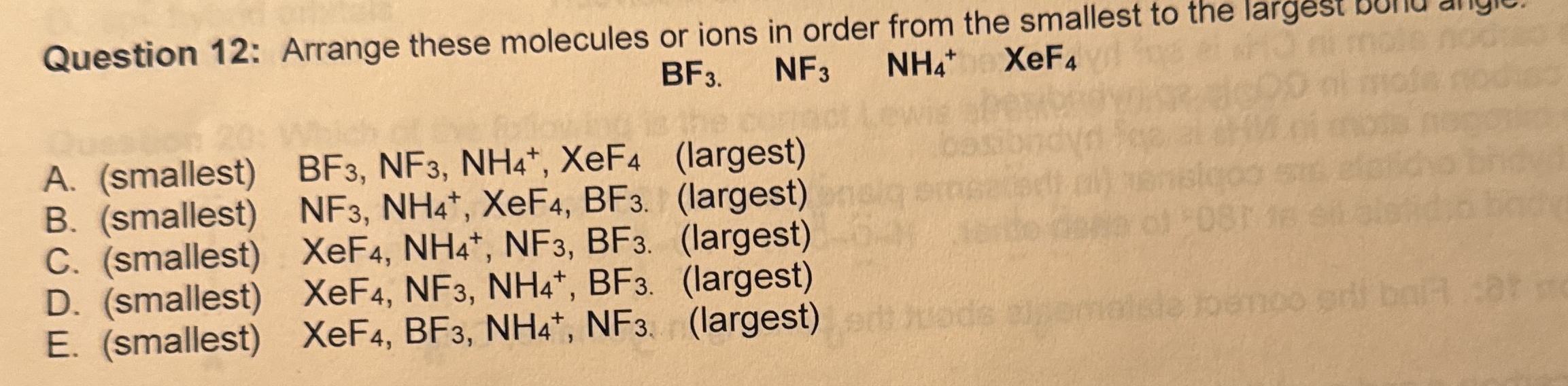 Solved Question 12: Arrange these molecules or ions in order | Chegg.com