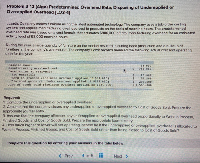 Solved Problem 3-12 (Algo) Predetermined Overhead Rate; | Chegg.com