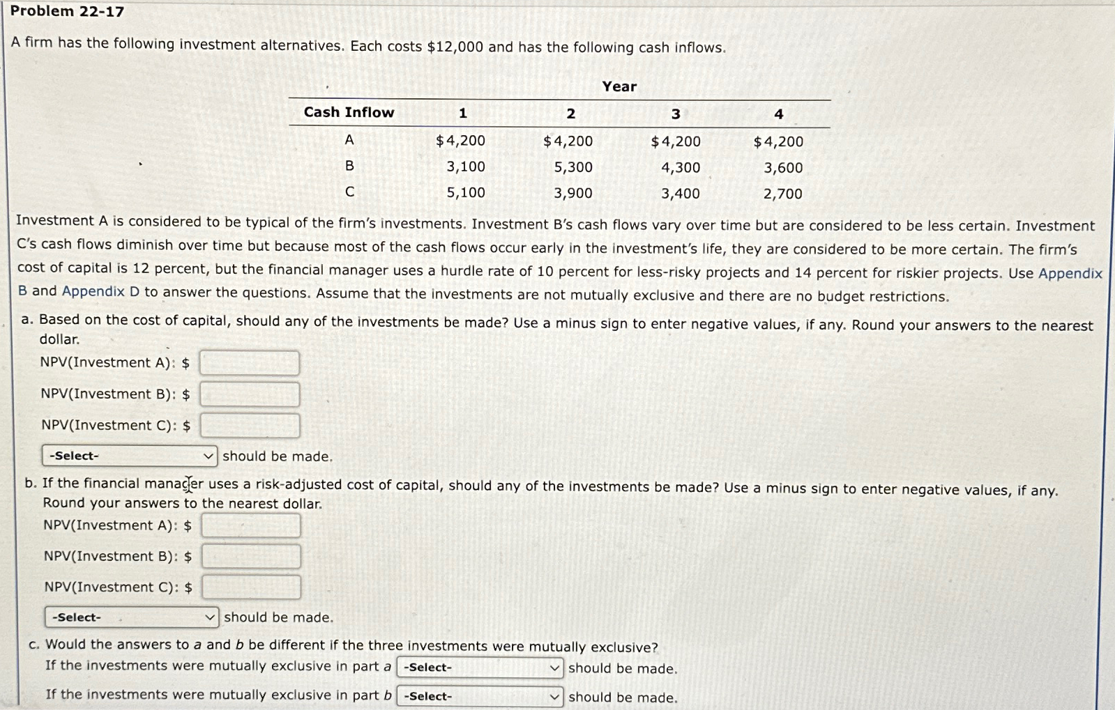 Solved Problem 22-17A firm has the following investment | Chegg.com