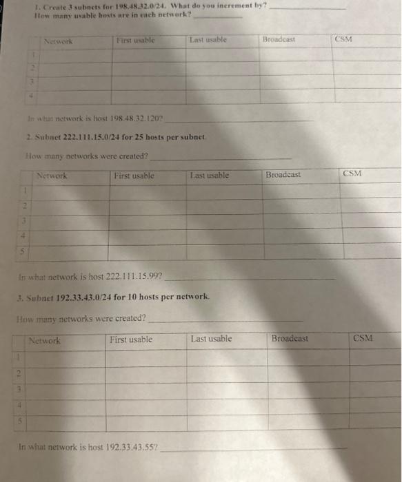 Solved 1. Create 3 subnets for 108,48,32.0/24. What do you | Chegg.com