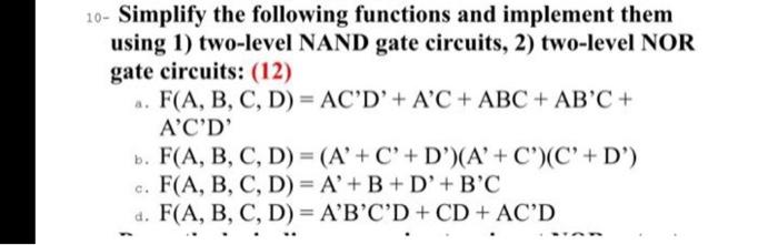 Solved 10 Simplify The Following Functions And Implement