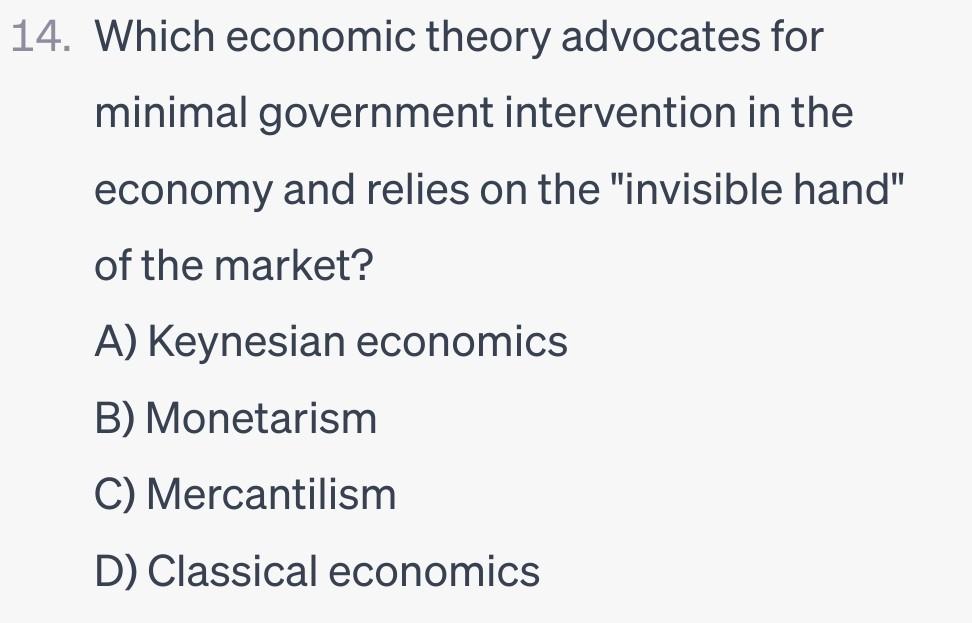 Solved 14. Which economic theory advocates for minimal | Chegg.com