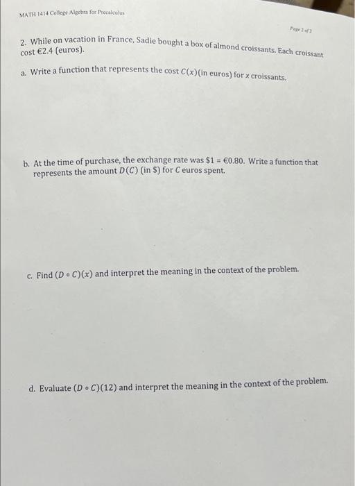 Solved MATH 1414 College Algebra for Precalculus Page 2 of 2 | Chegg.com