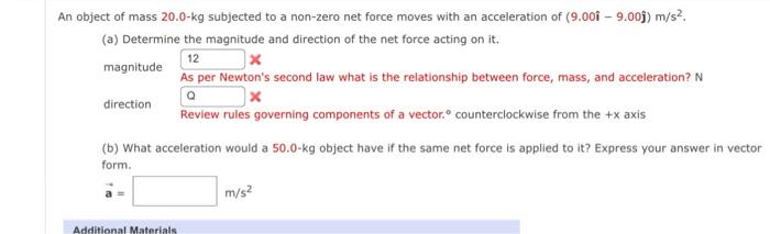 Solved An object of mass 20.0−kg subjected to a non-zero net | Chegg.com