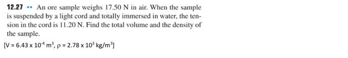Solved 12.27∗ An ore sample weighs 17.50 N in air. When the | Chegg.com