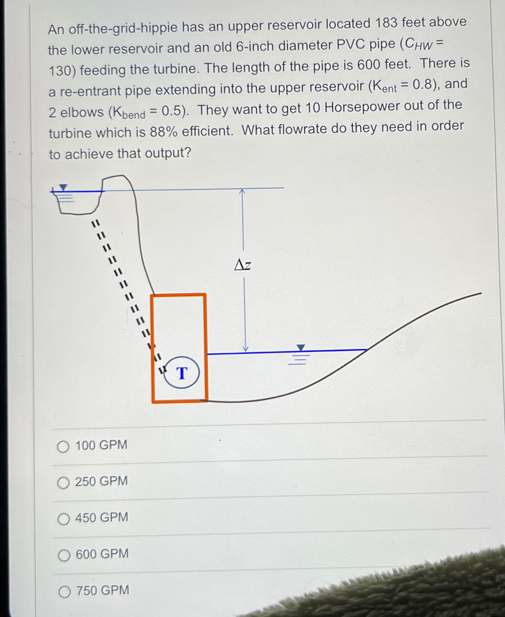 Solved An off-the-grid-hippie has an upper reservoir located | Chegg.com