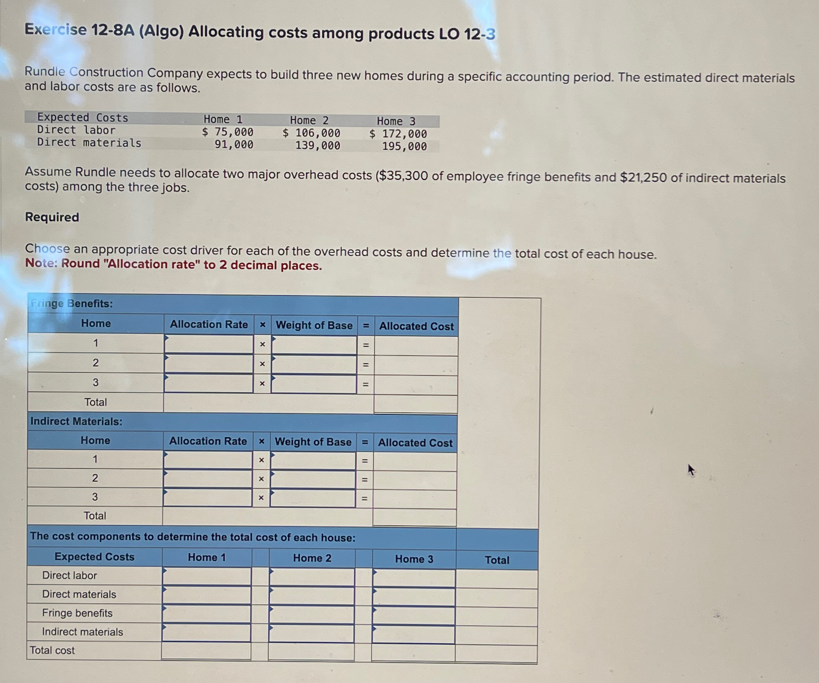 Solved Exercise 12-8A (Algo) ﻿Allocating costs among | Chegg.com