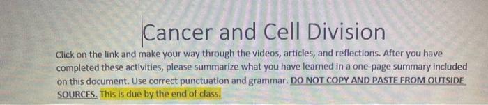 Solved Cancer and Cell Division Click on the link and make | Chegg.com