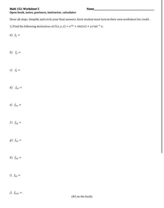 Solved Math 152: Worksheet 5 Name Open book, notes, | Chegg.com