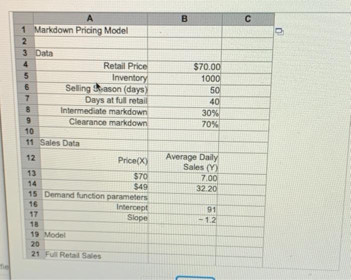 Solved Use the Markdown Pricing Model spreadsheet model and | Chegg.com