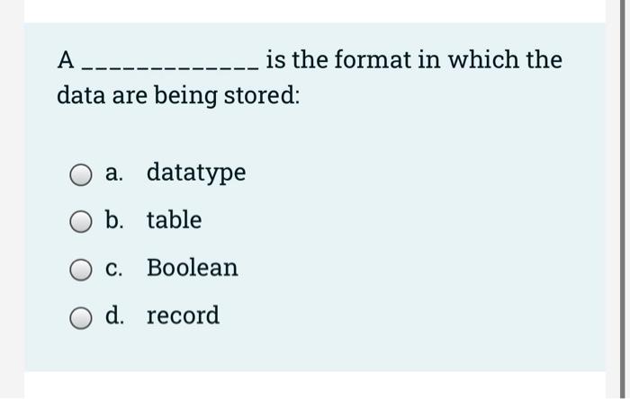 Solved A is the format in which the data are being stored: | Chegg.com