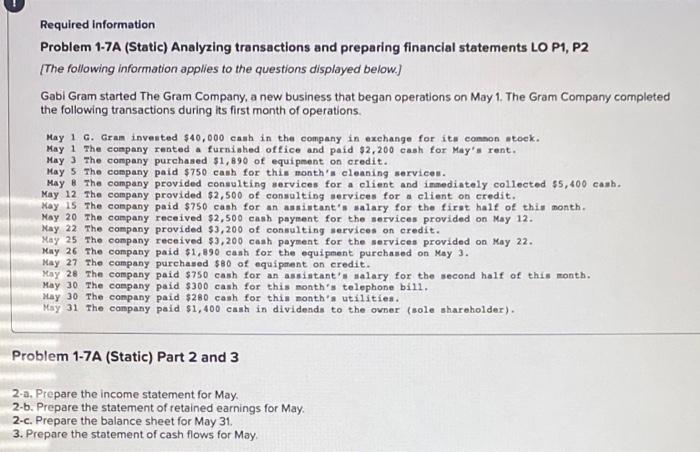 Solved Required information Problem 1-7A (Static) Analyzing | Chegg.com