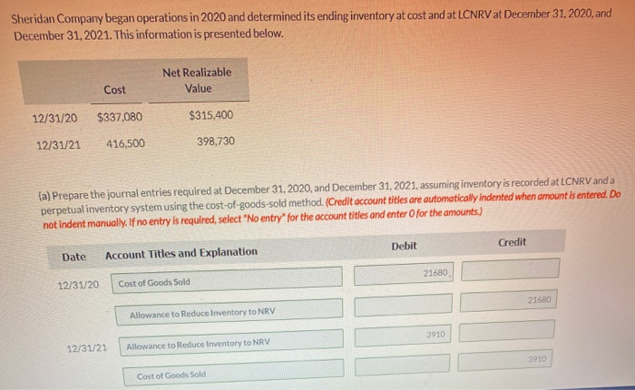 Solved Sheridan Company began operations in 2020 and | Chegg.com