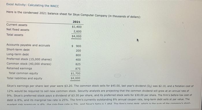Solved Excel Activity: Calculating the WACC Here is the | Chegg.com