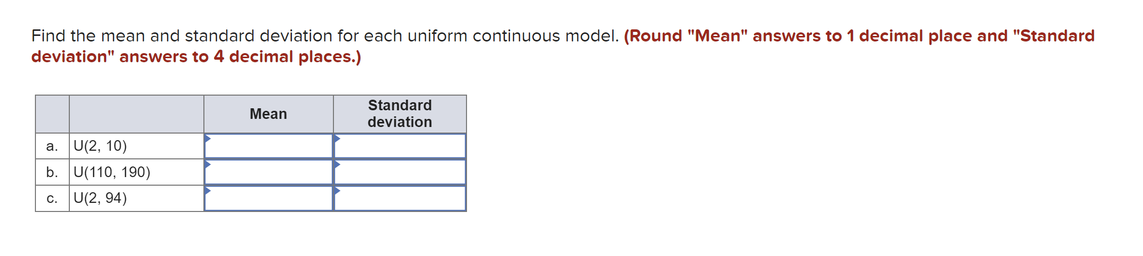 Solved Find the mean and standard deviation for each uniform | Chegg.com