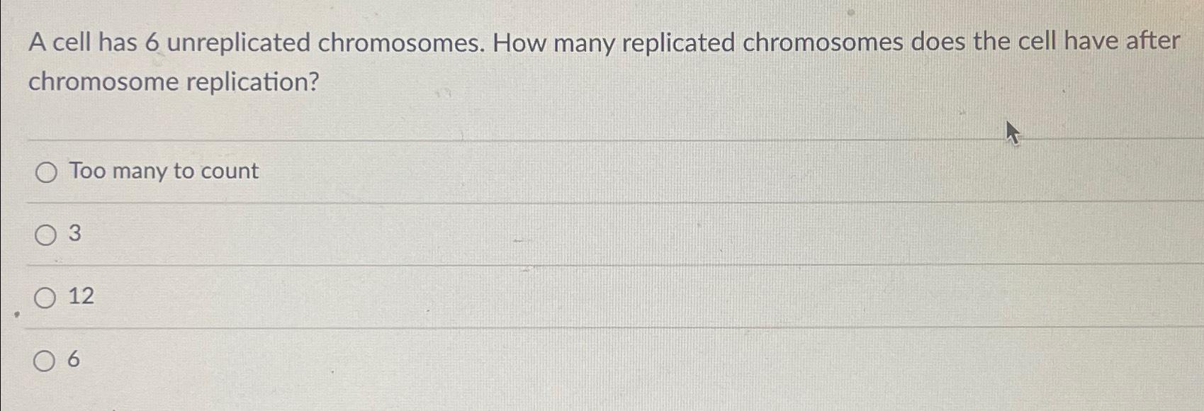 Solved A cell has 6 ﻿unreplicated chromosomes. How many | Chegg.com