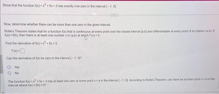 Solved Show That The Function F X X4 5x 3 Has Exactly One