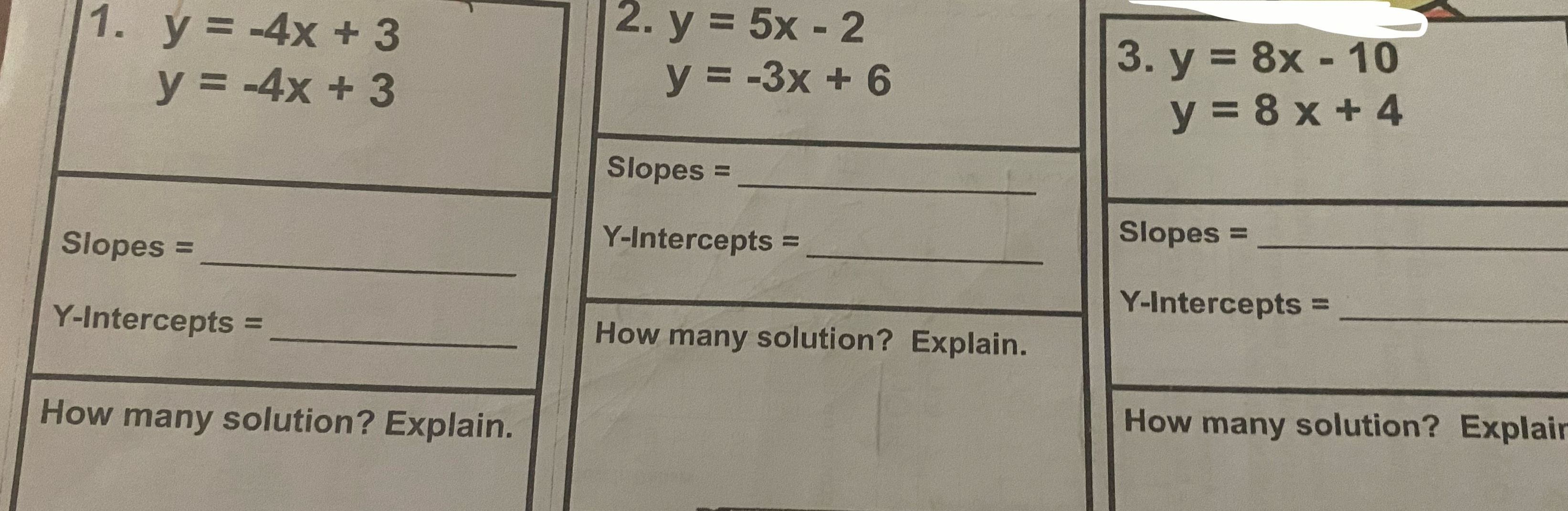 Solved y=-4x+3y=-4x+3Slopes =Y-Intercepts = How many | Chegg.com