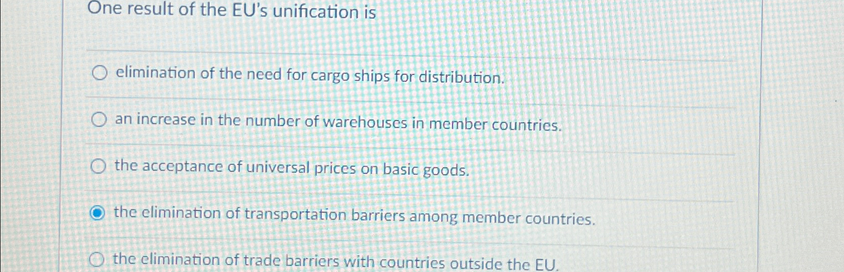 Solved One result of the EU's unification iselimination of | Chegg.com