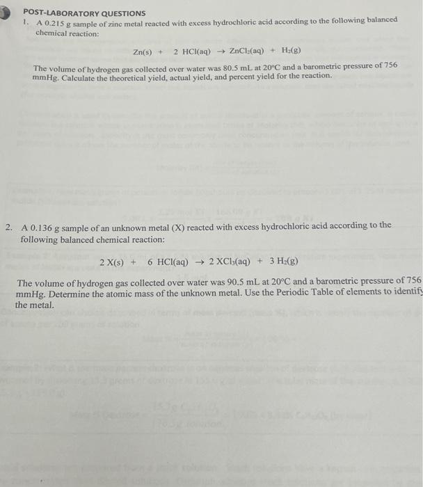 Solved POST-LABORATORY QUESTIONS 1. A 0.215 g sample of zinc | Chegg.com