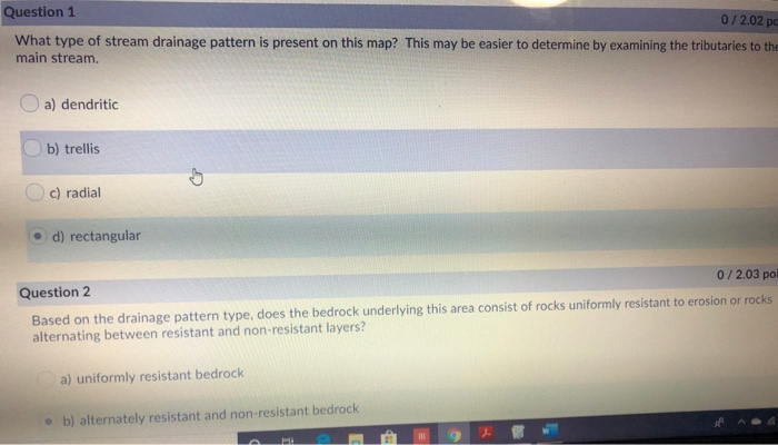 Solved Question 1 0/2.02 What type of stream drainage | Chegg.com