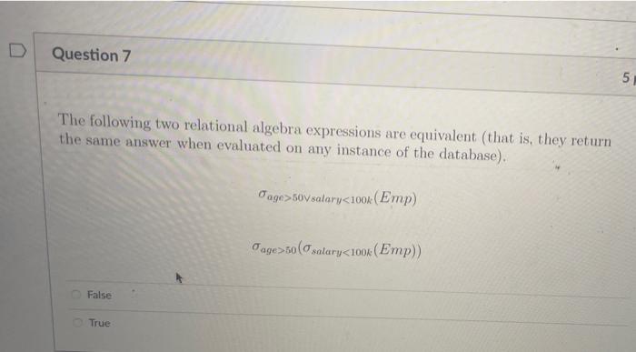 Solved D Question 7 5 The following two relational algebra | Chegg.com