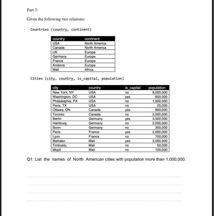 Solved Part 3: Given the following two relations: Countries | Chegg.com