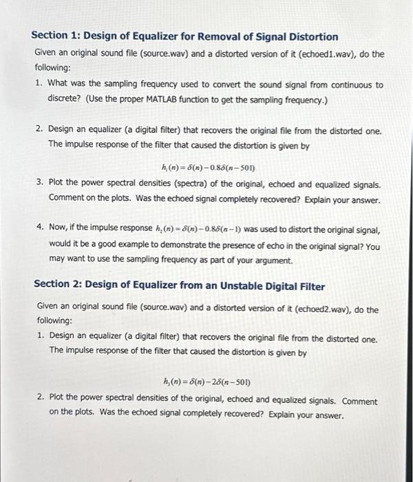 Solved Section 1: Design of Equalizer for Removal of Signal | Chegg.com