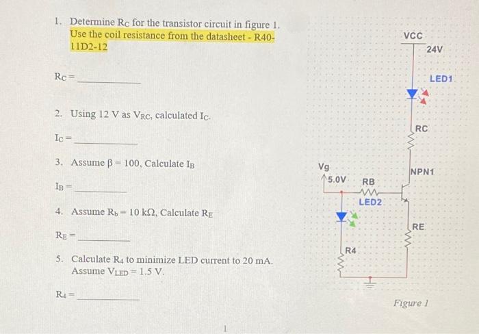 Solved 1. Determine Rc for the transistor circuit in figure | Chegg.com