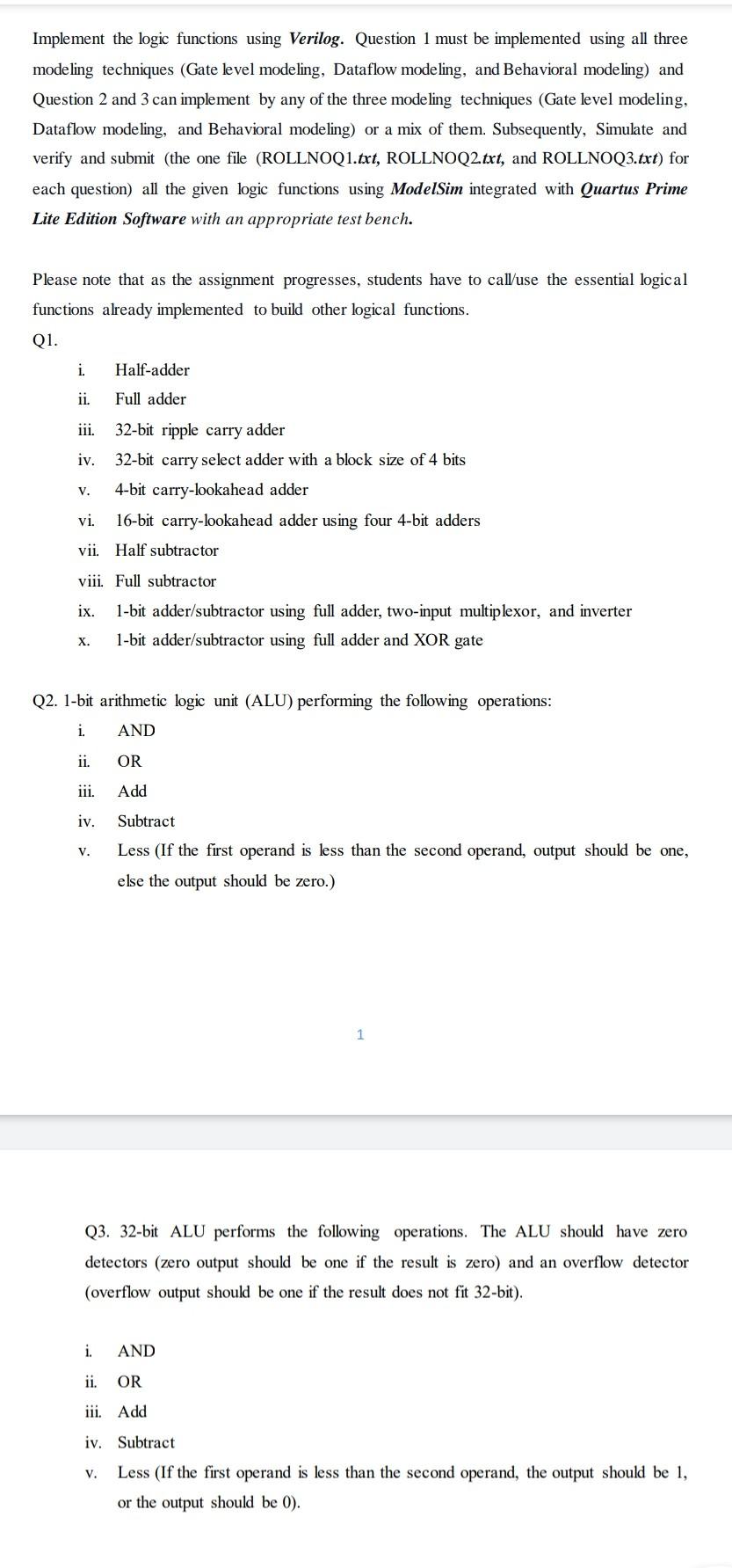 Implement The Logic Functions Using Verilog Question