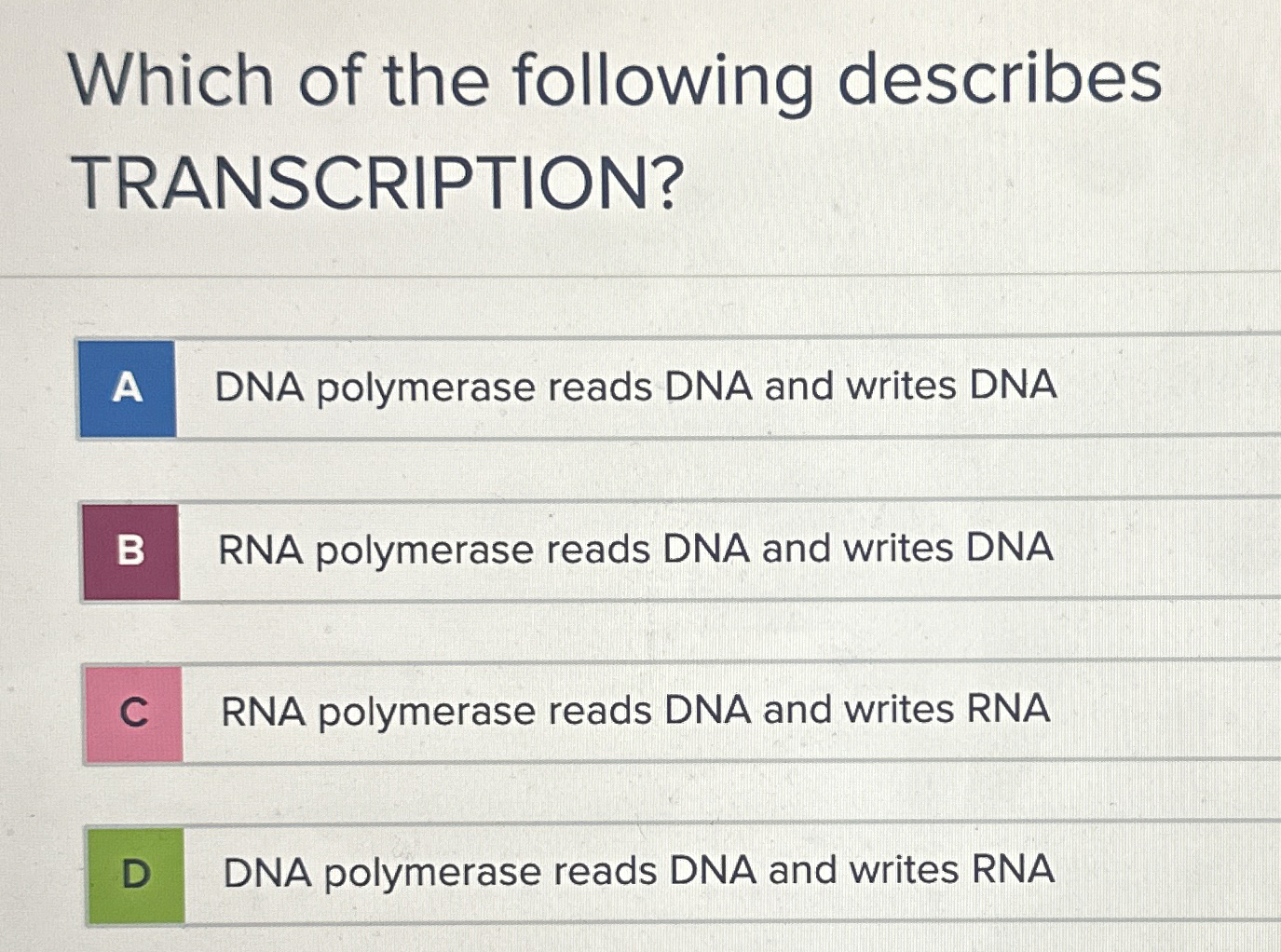Solved Which of the following describes TRANSCRIPTION?DNA | Chegg.com