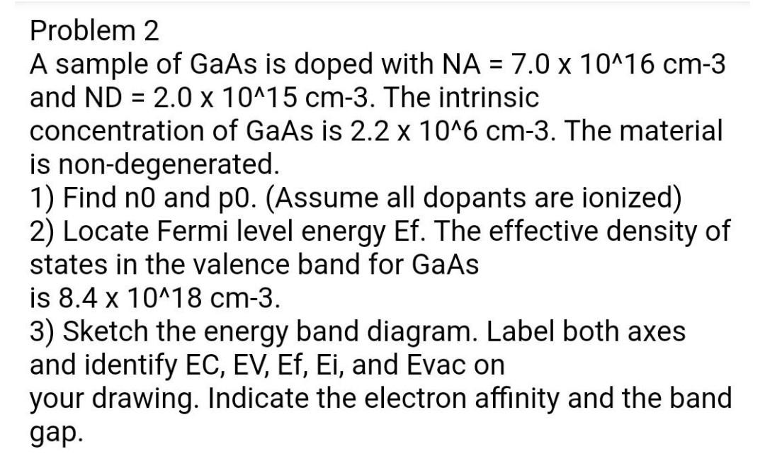 Solved A sample of GaAs is doped with NA =7.0×10∧16 cm−3 and | Chegg.com